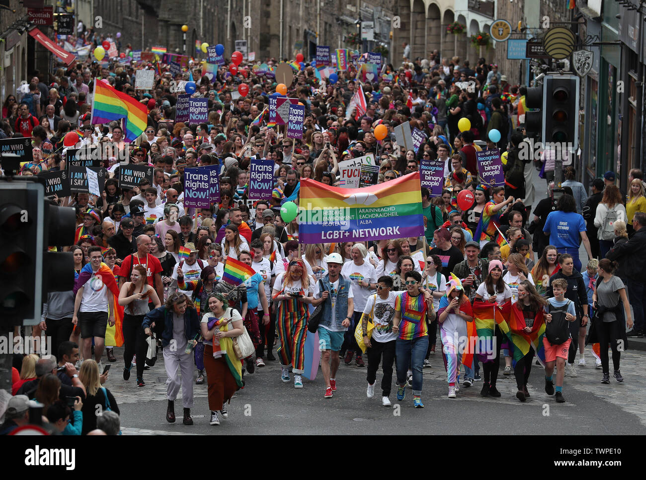Pride marchers at a rally outside the Scottish Parliament in Edinburgh ...