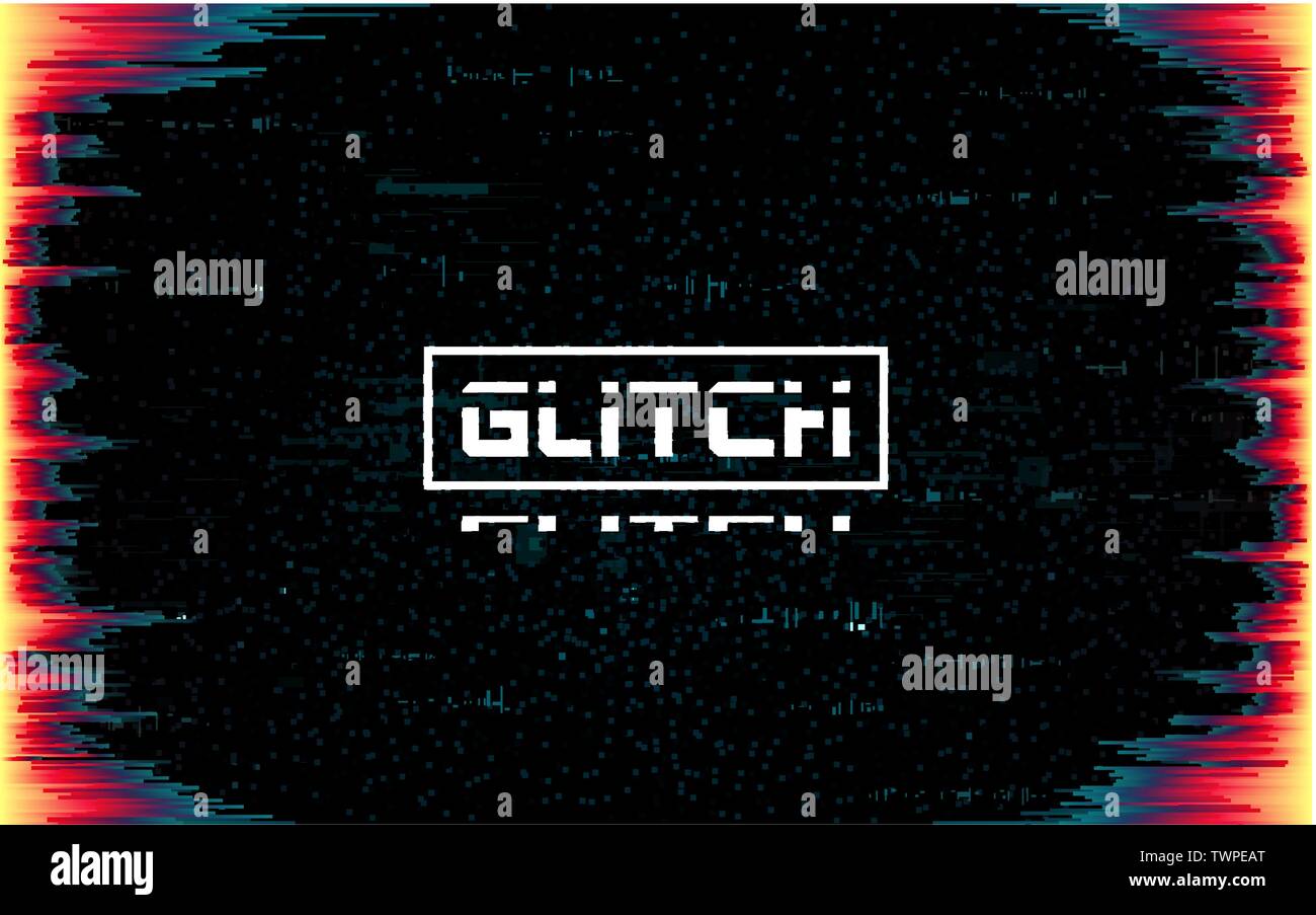 Glitch frame on dark backdrop. Color distortions and pixel noise ...
