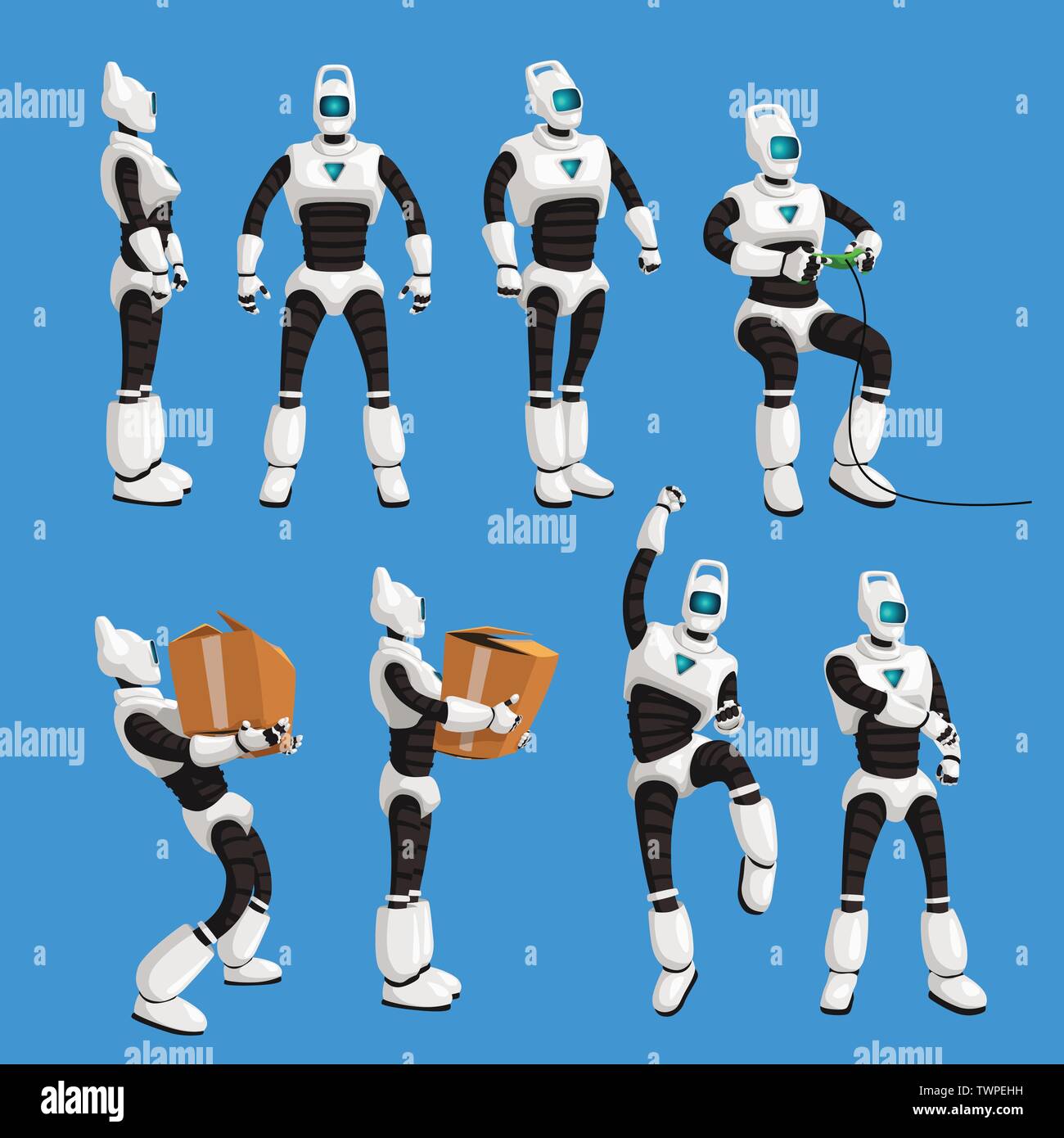 robot in different poses in set on blue background Stock Vector Image ...