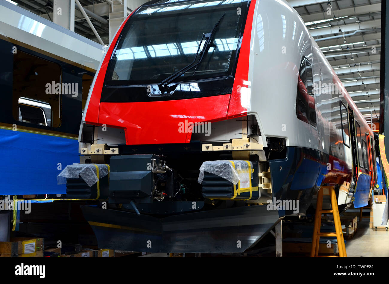 Inside of the rail car assembly plant. Industrial workshop for the ...