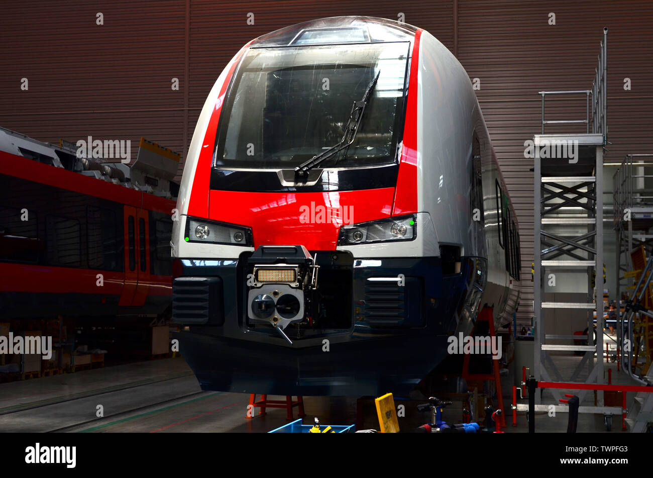Inside of the rail car assembly plant. Industrial workshop for the ...
