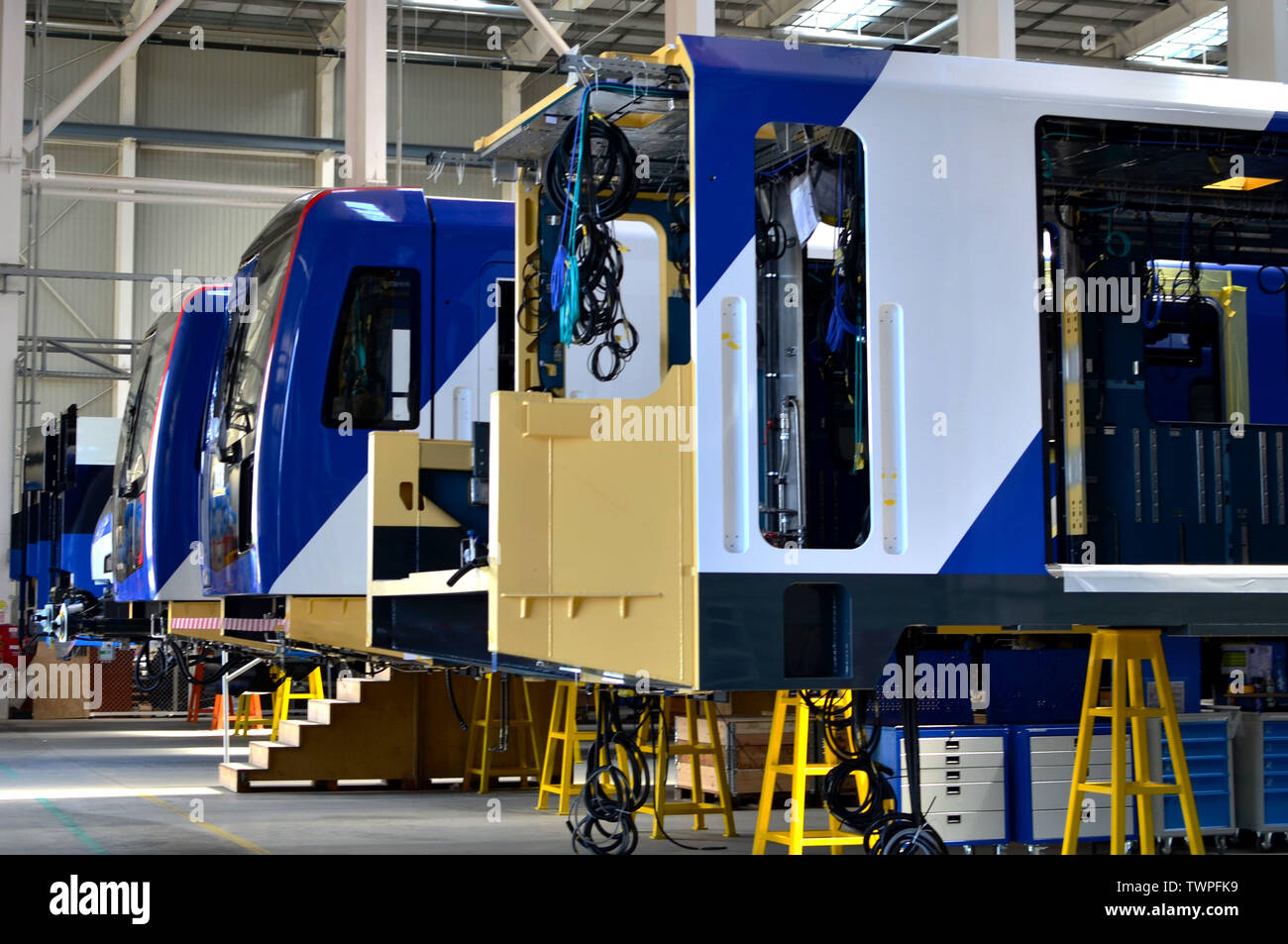 Inside of the rail car assembly plant. Industrial workshop for the ...