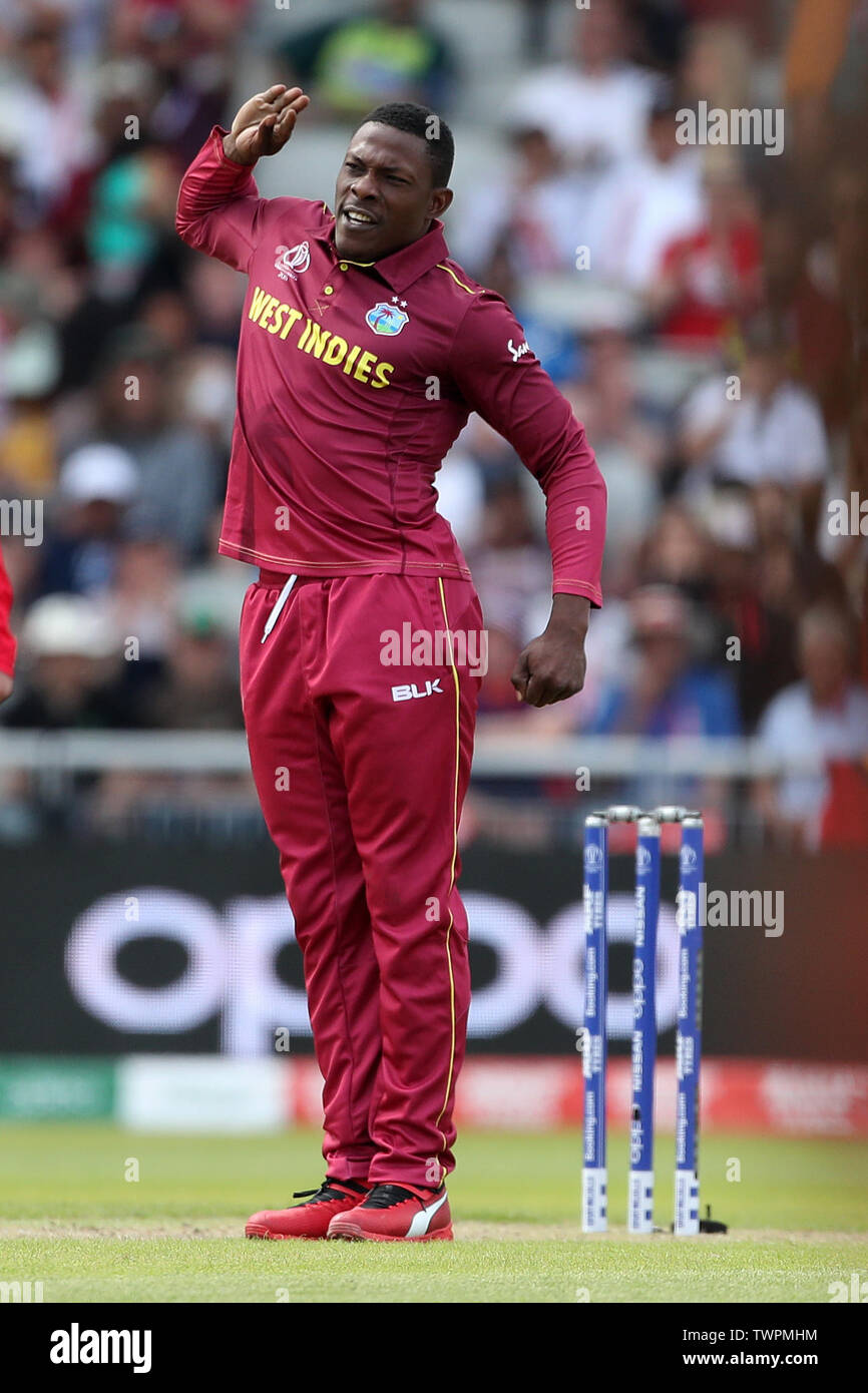 West Indies Sheldon Cottrell celebrates taking the wicket of New ...