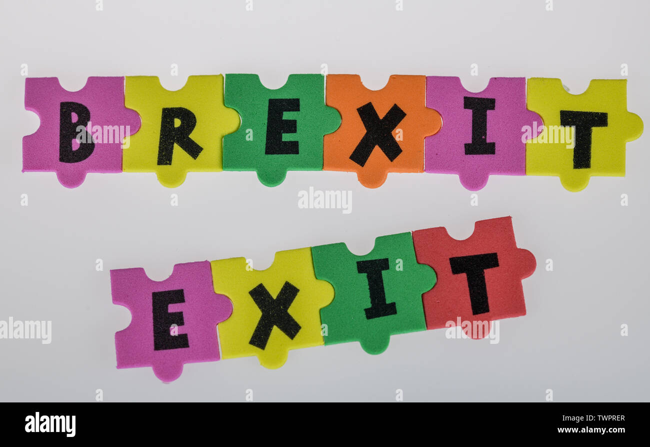 Brexit concept jigsaw with Brexit wording inside an open zip Stock ...