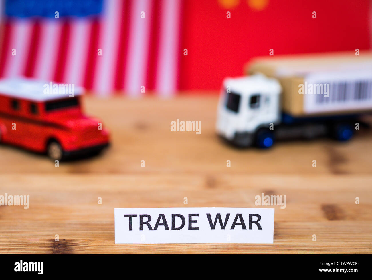 Trade War shipping concept with trucks and USA and China flags in ...