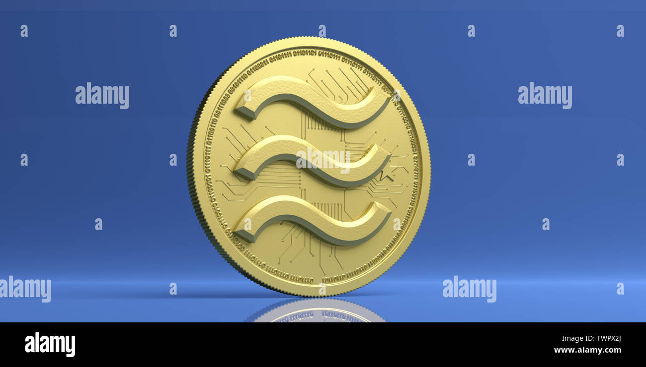 Libra gold coin logo, digital cryptocurrency, isolated against blue ...