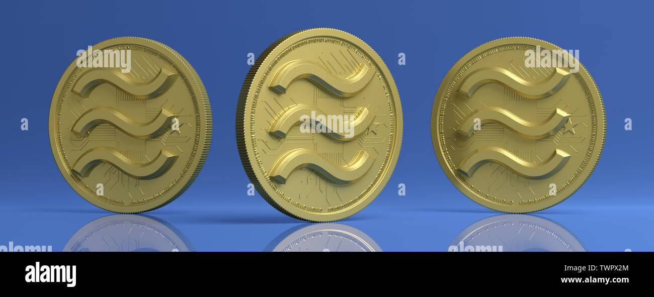 Libra gold coin logo, digital cryptocurrency, against blue color ...