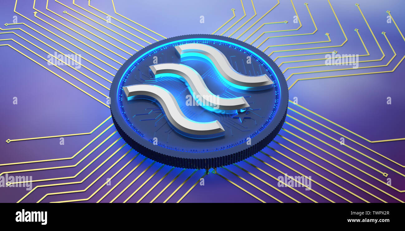 Libra coin logo, digital cryptocurrency, blue silver color, against ...