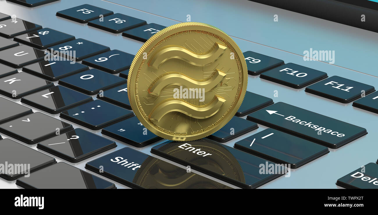 Libra gold coin with logo, digital cryptocurrency on computer keyboard ...