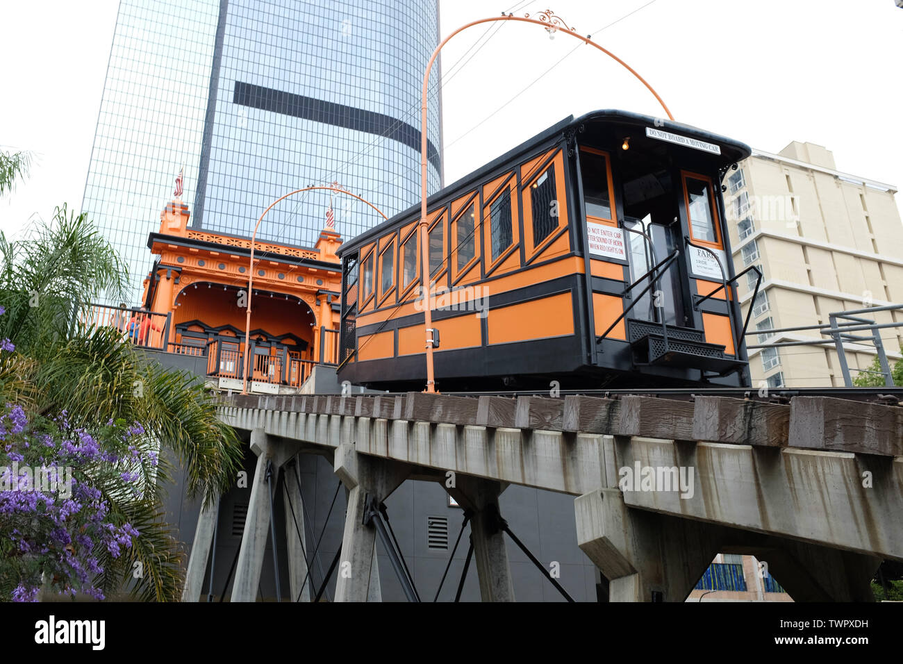 LOS ANGELES - CALIFORNIA: JUNE 18, 2019: Angels Flight Car nears upper ...