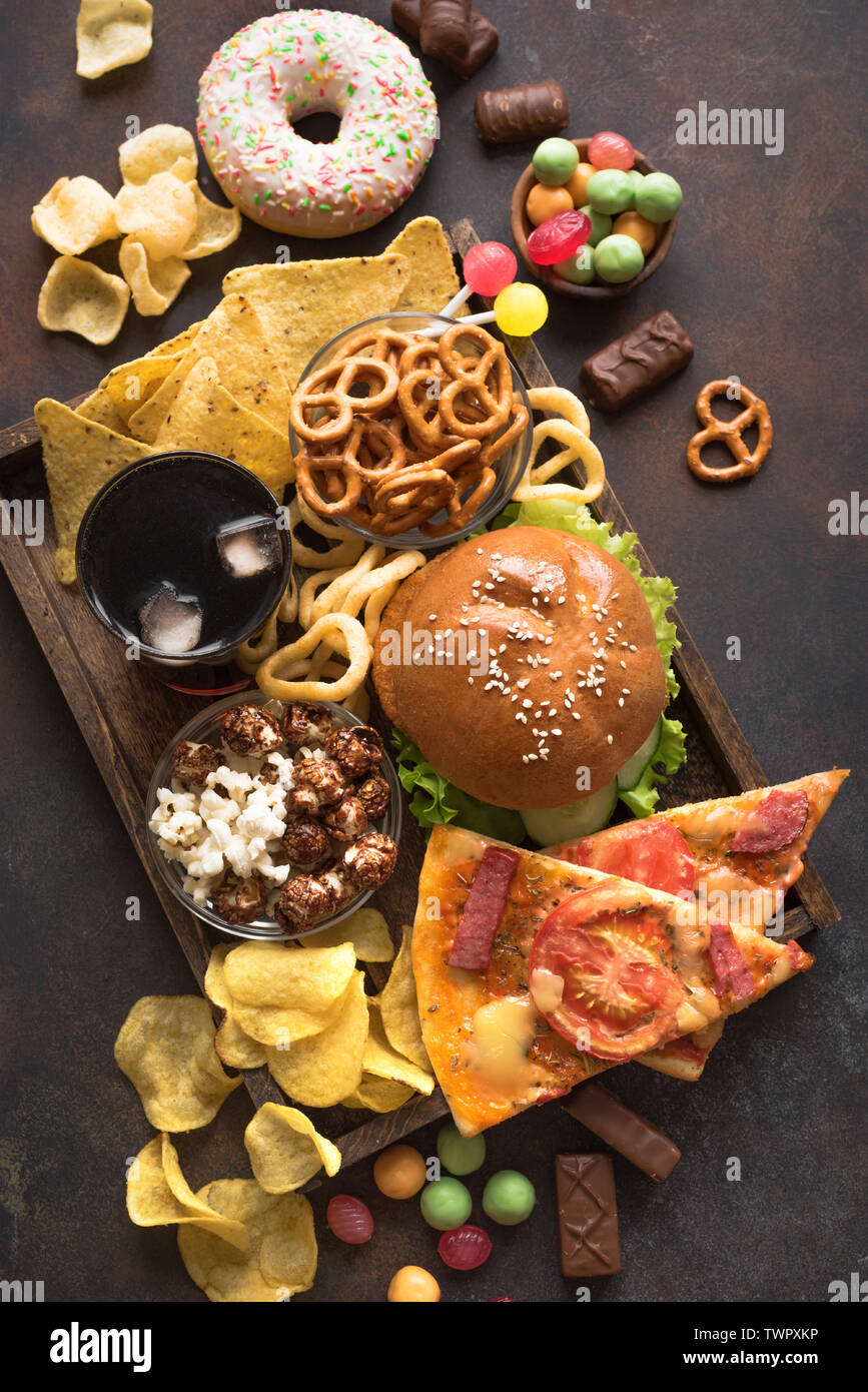 Assortment of Unhealthy Food, top view, flat lay. Unhealthy eating ...