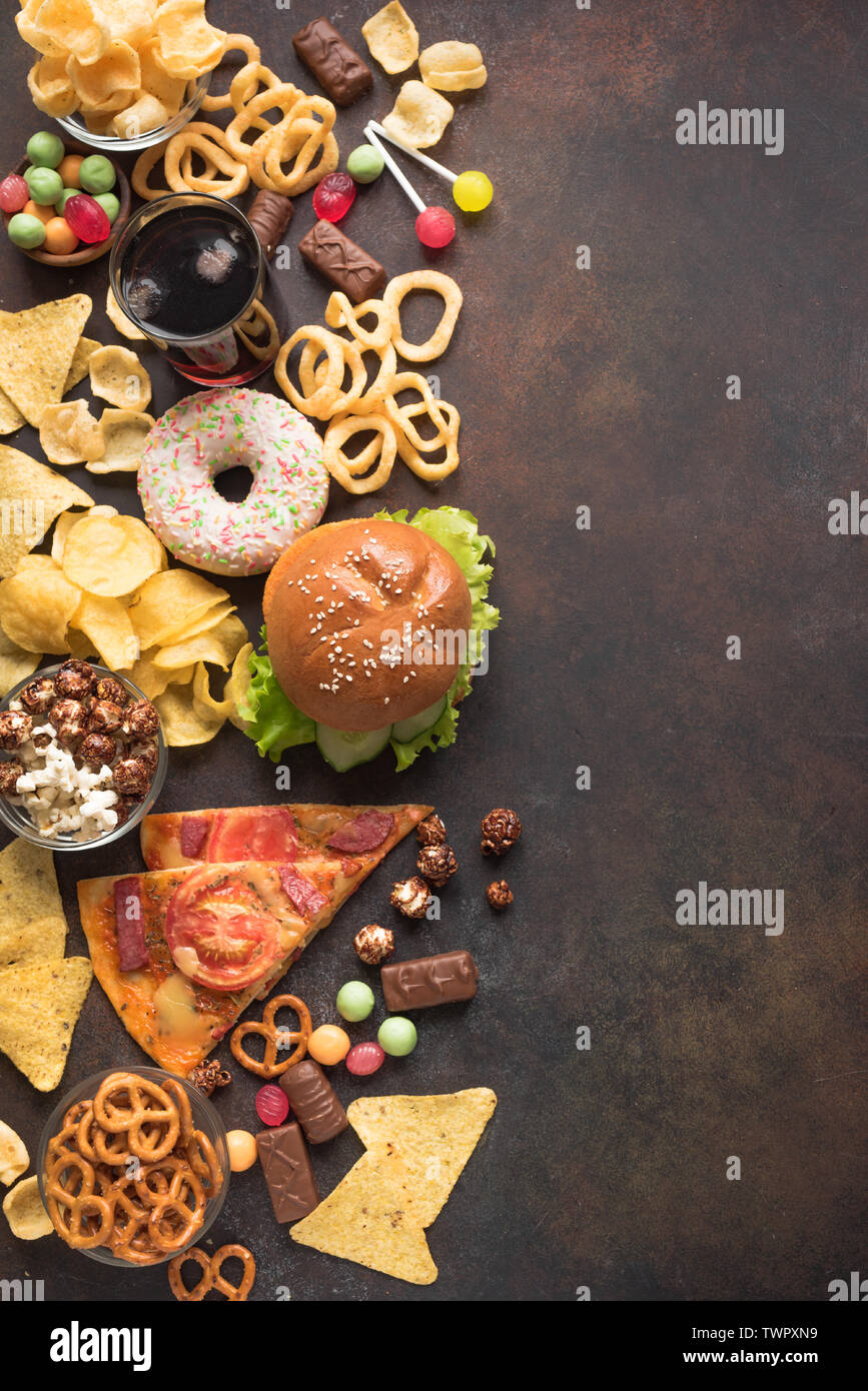 Assortment of Unhealthy Food, top view, copy space. Unhealthy eating ...