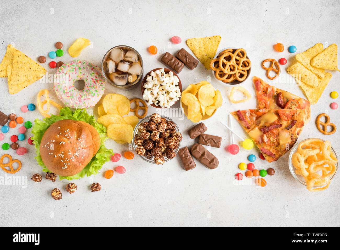 Assortment of Unhealthy Food, top view, flat lay. Unhealthy eating ...