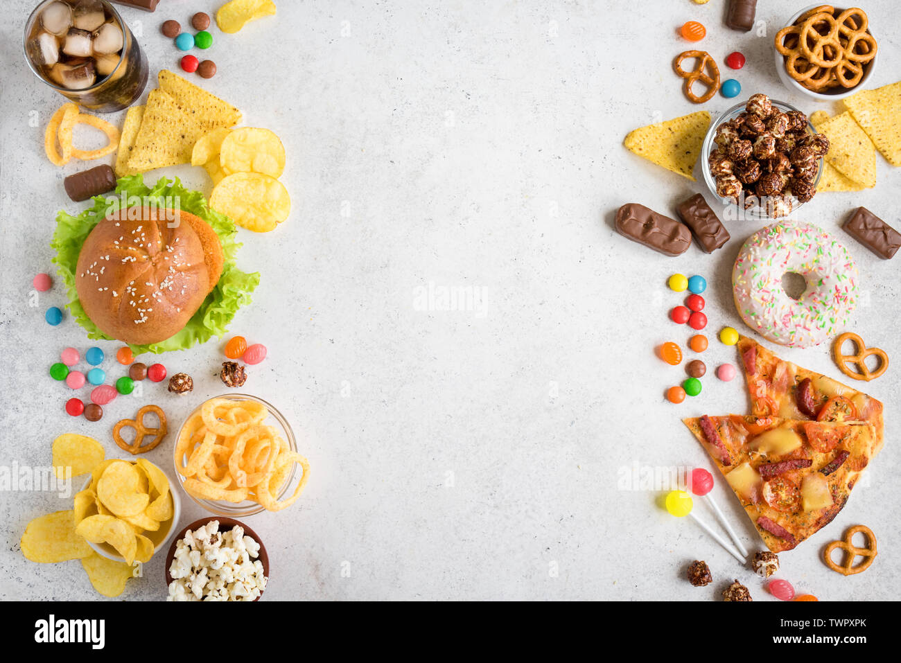 Assortment of Unhealthy Food, top view, copy space. Unhealthy eating ...
