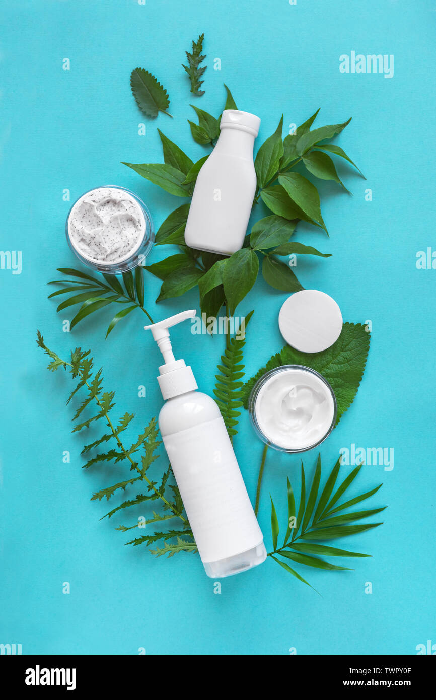 Natural cosmetics and green leaves on blue background, top view, flat ...
