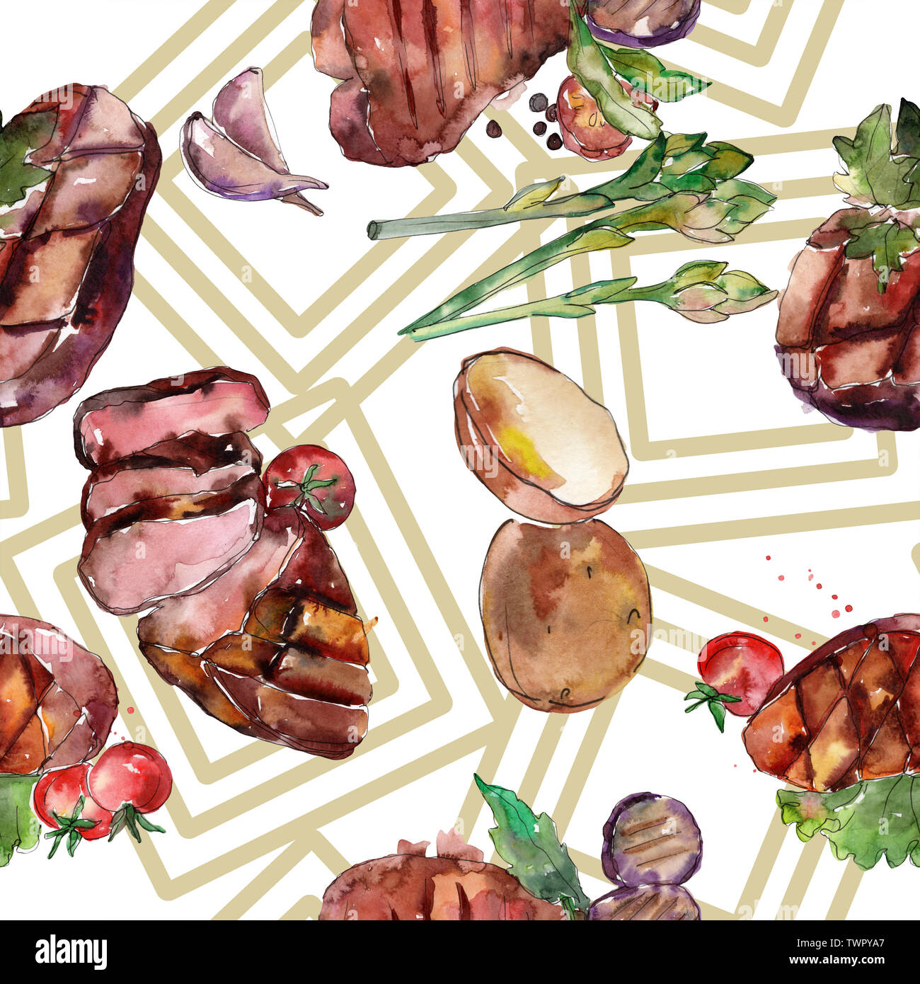 Grilled steak tasty food. Hand drawn barbeque meat illustration ...