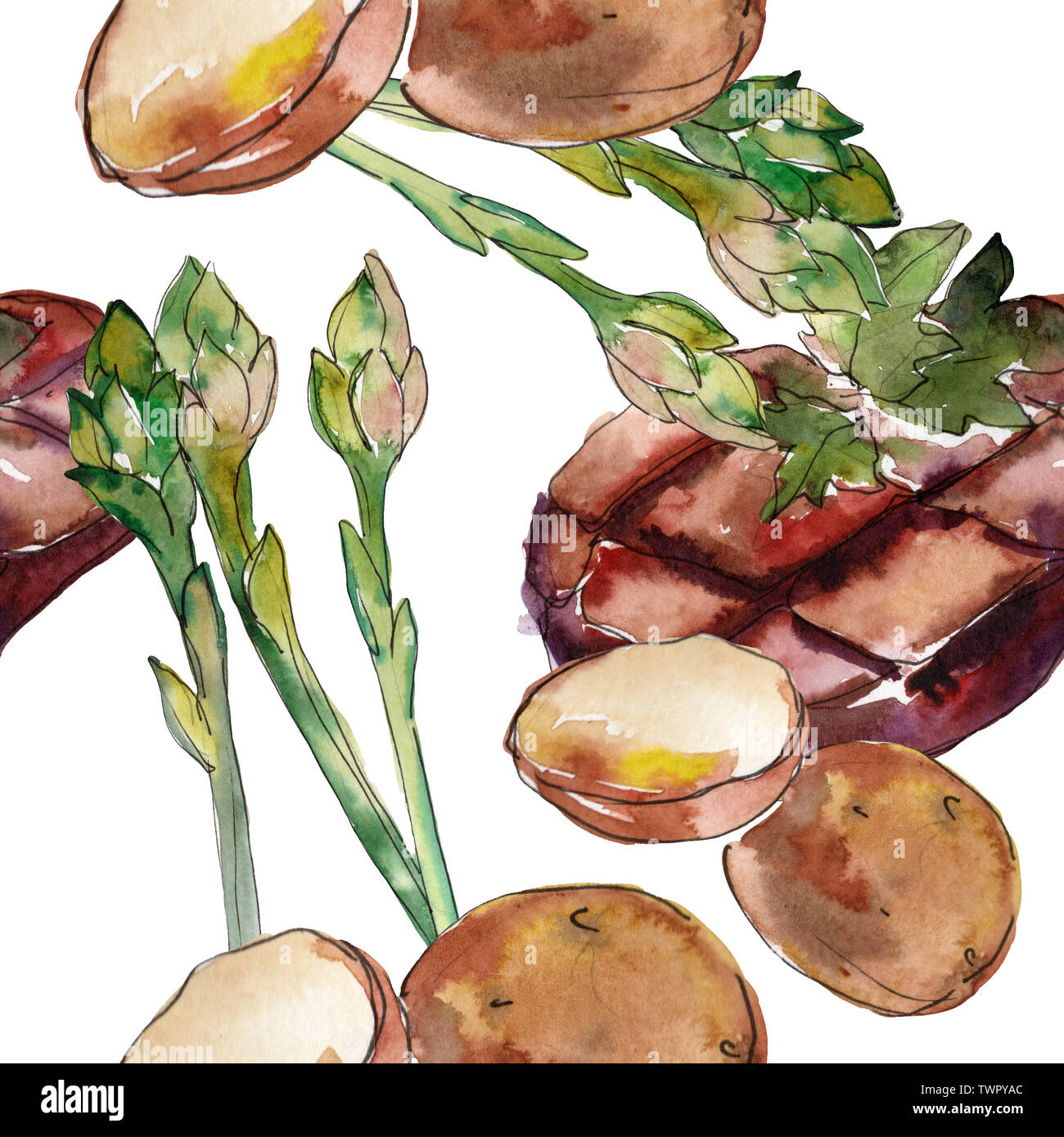 Grilled steak tasty food. Hand drawn barbeque meat illustration ...