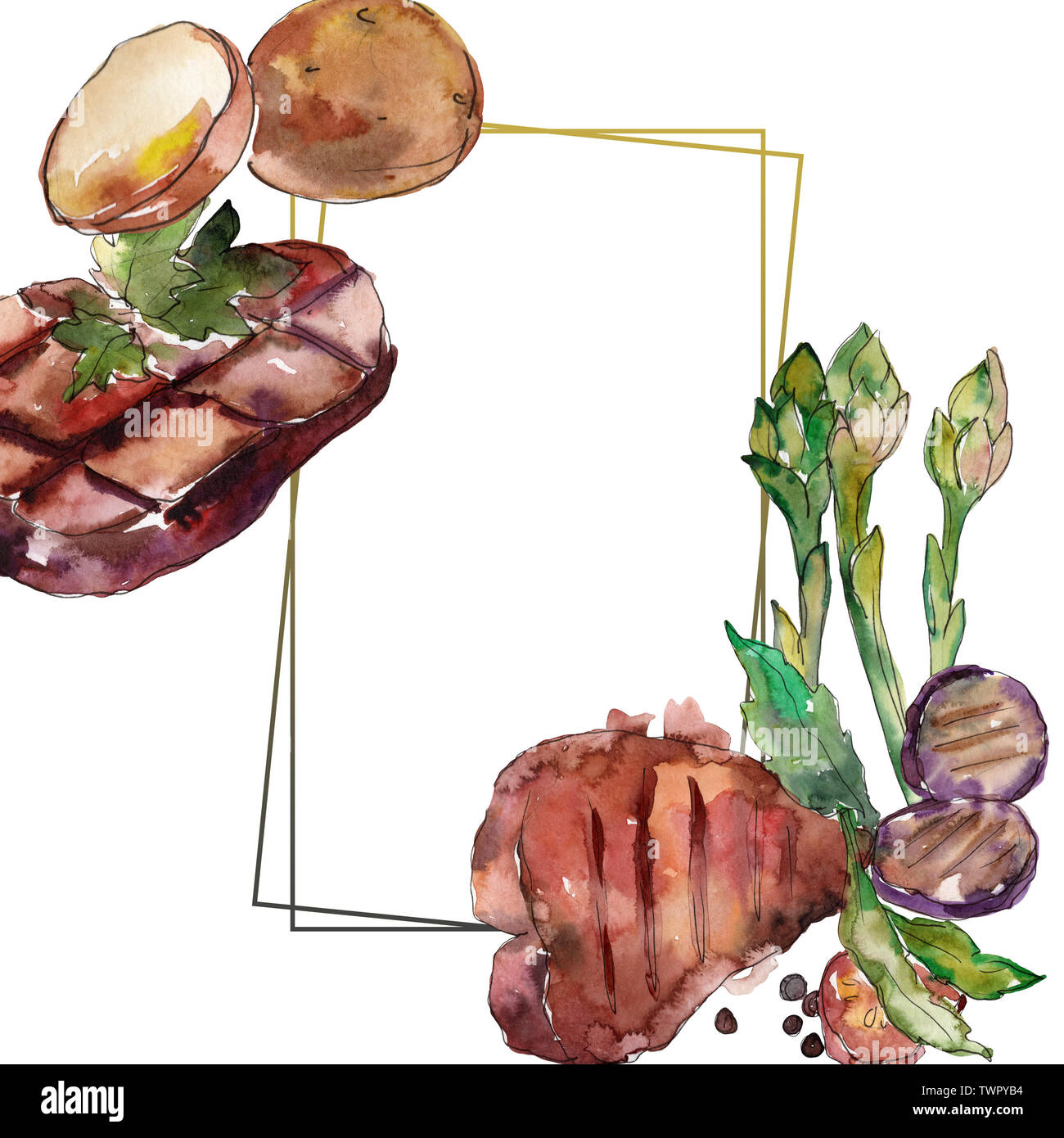 Grilled steak tasty food. Hand drawn barbeque meat illustration ...