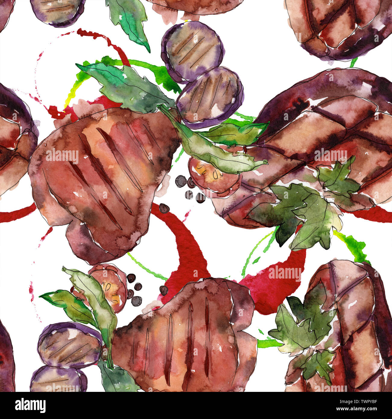 Grilled steak tasty food. Hand drawn barbeque meat illustration ...