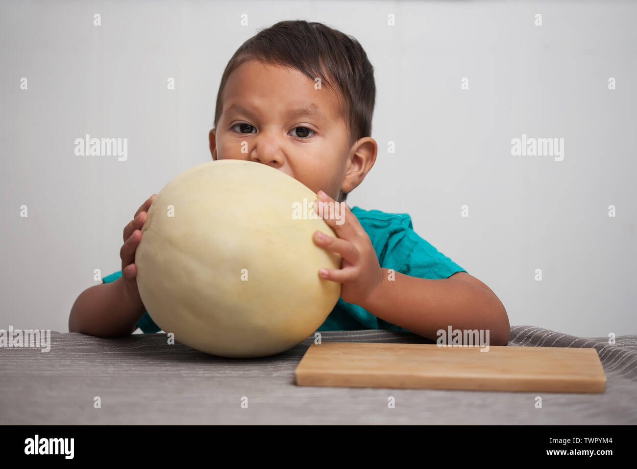 An impatient toddler trying hard to take a bite out of a honeymelon he ...