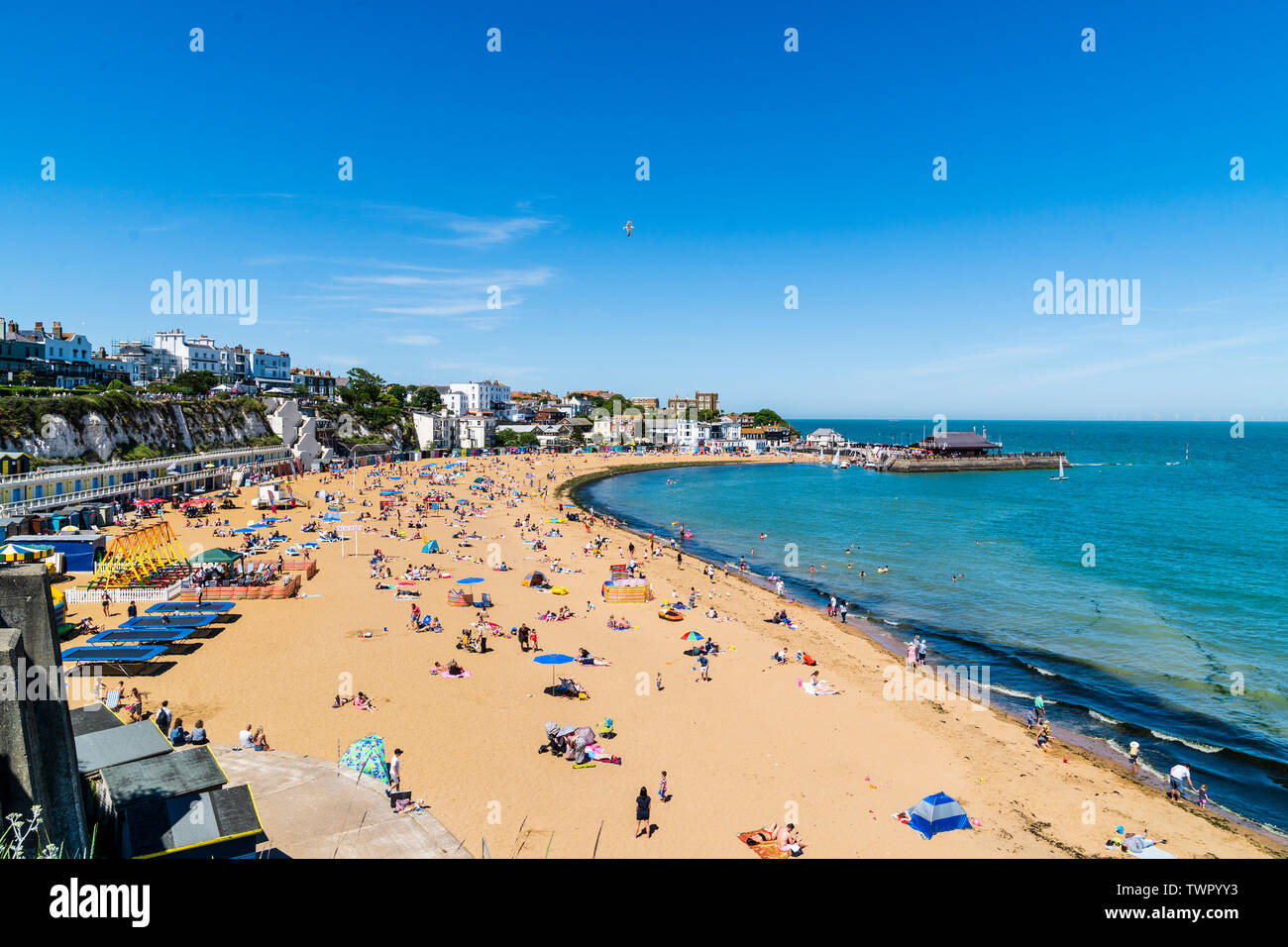 English coastal resort town of Broadstairs. High angle view of crowds ...