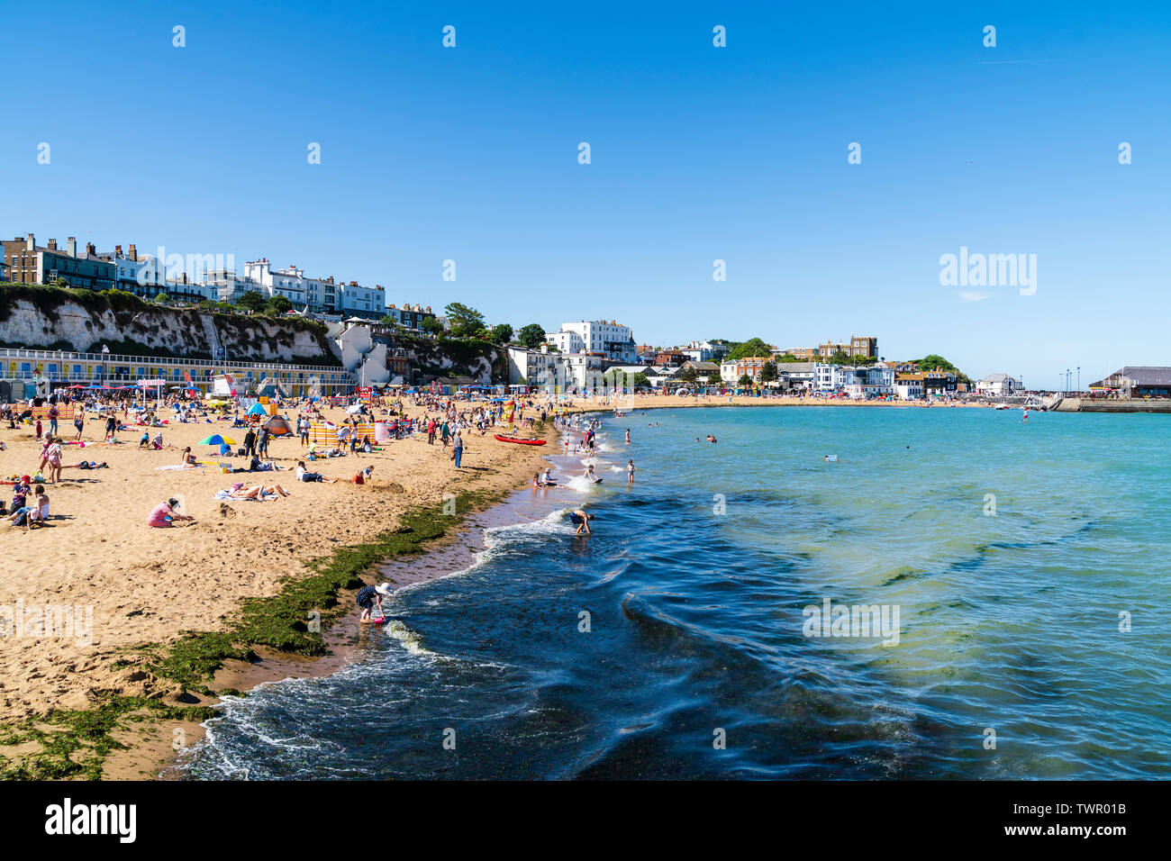 English coastal resort town of Broadstairs. View along the shoreline of ...