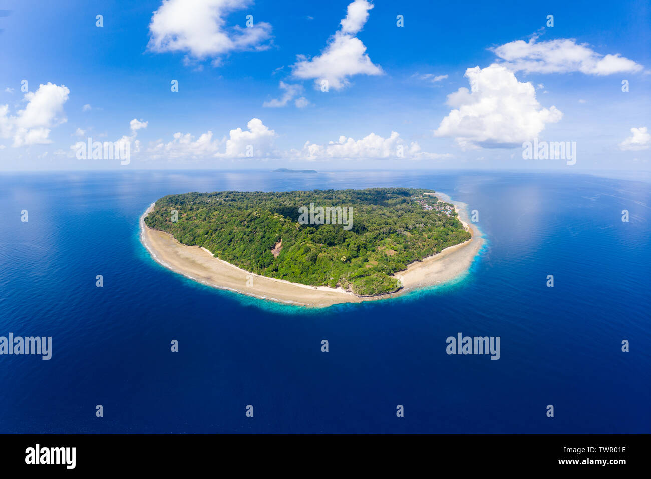 Aerial view tropical beach island reef caribbean sea. Indonesia ...