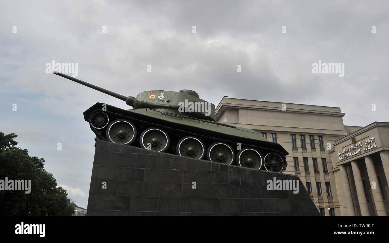 Minsk. Belarus. 22 June 2019. A Russian T34/85 tank on a plinth near ...