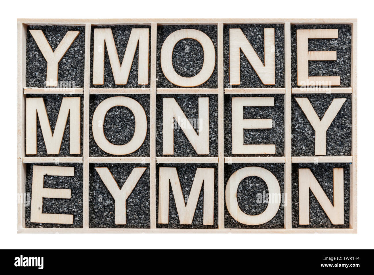 Plywood letters repeatedly arranged in a collecting box with black ...