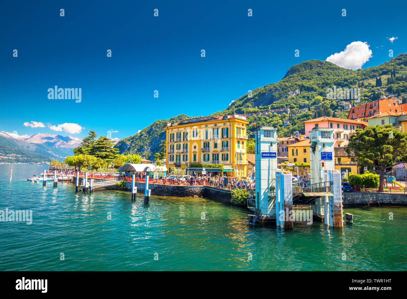 Varena old town on Lake Como with the mountains in the background ...