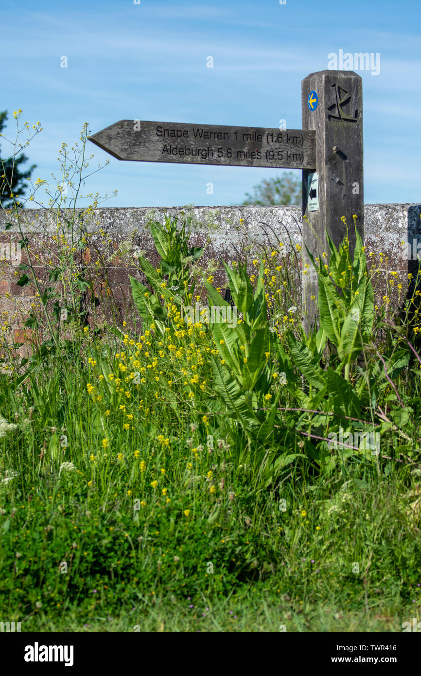 Public footpath sign for Snape Warren and Adleburgh at Snape Maltings ...