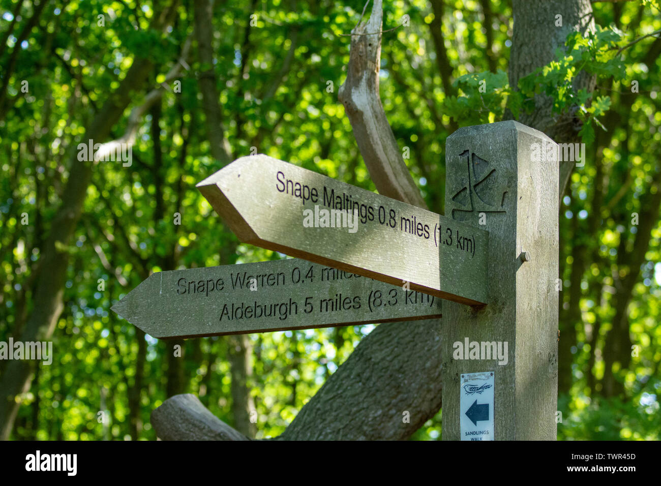 Signpost for Snape Maltings, Snape Warren annd Aldeburgh Stock Photo ...