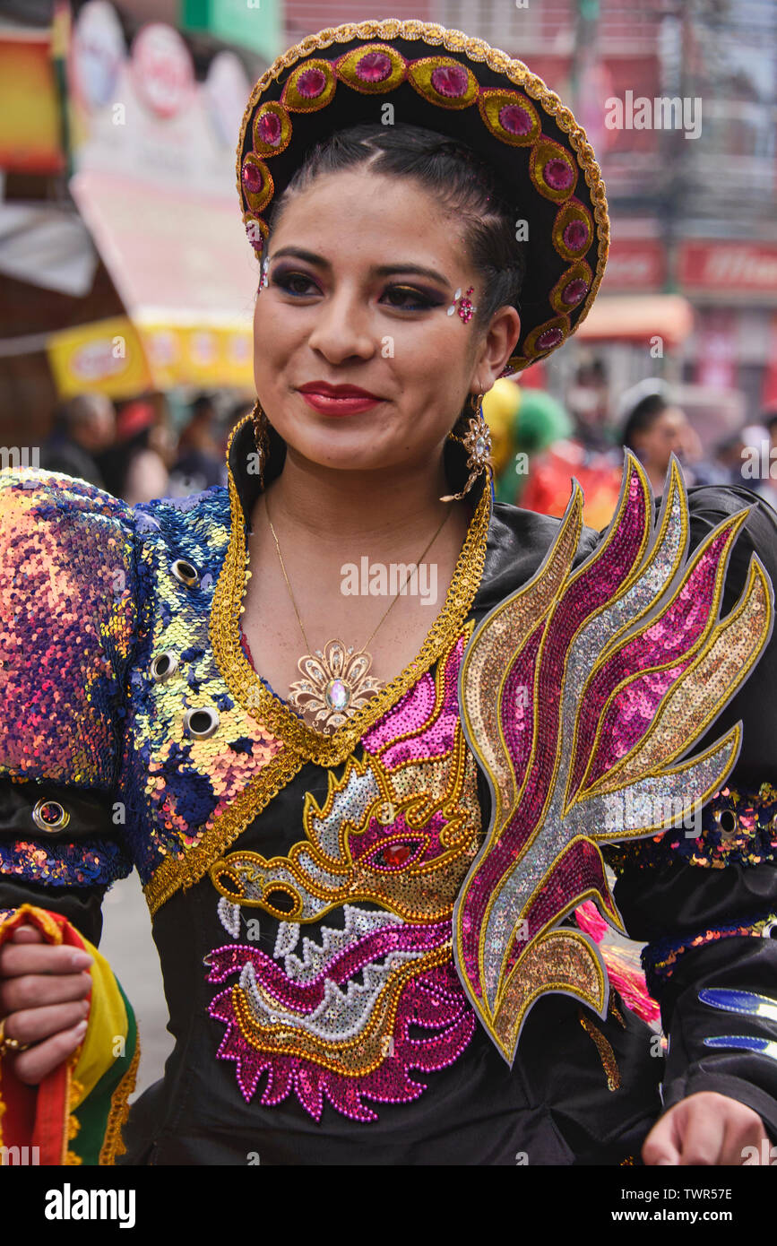 Costumed dancer at the colorful Gran Poder Festival, La Paz, Bolivia ...