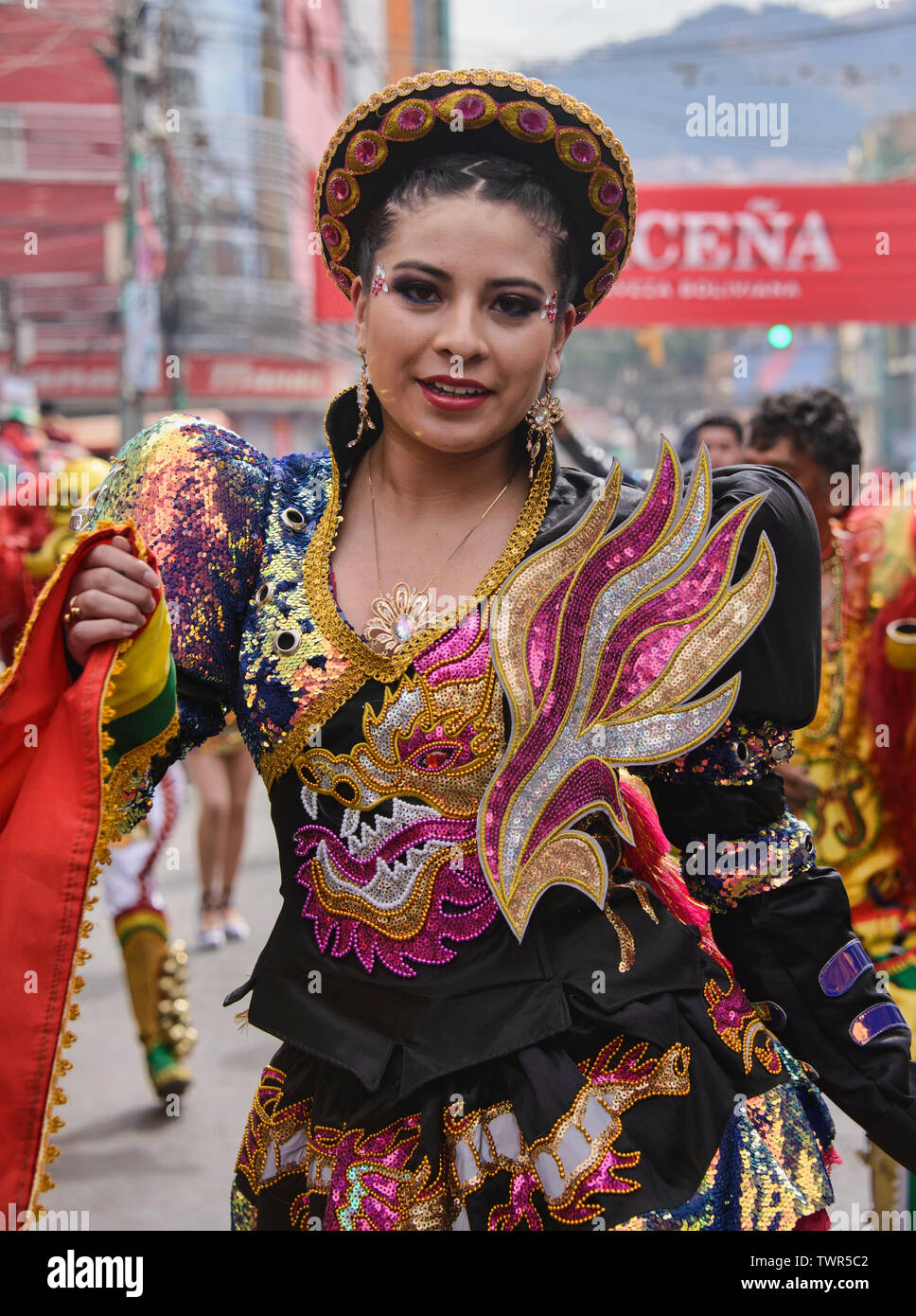 Costumed dancer at the colorful Gran Poder Festival, La Paz, Bolivia ...