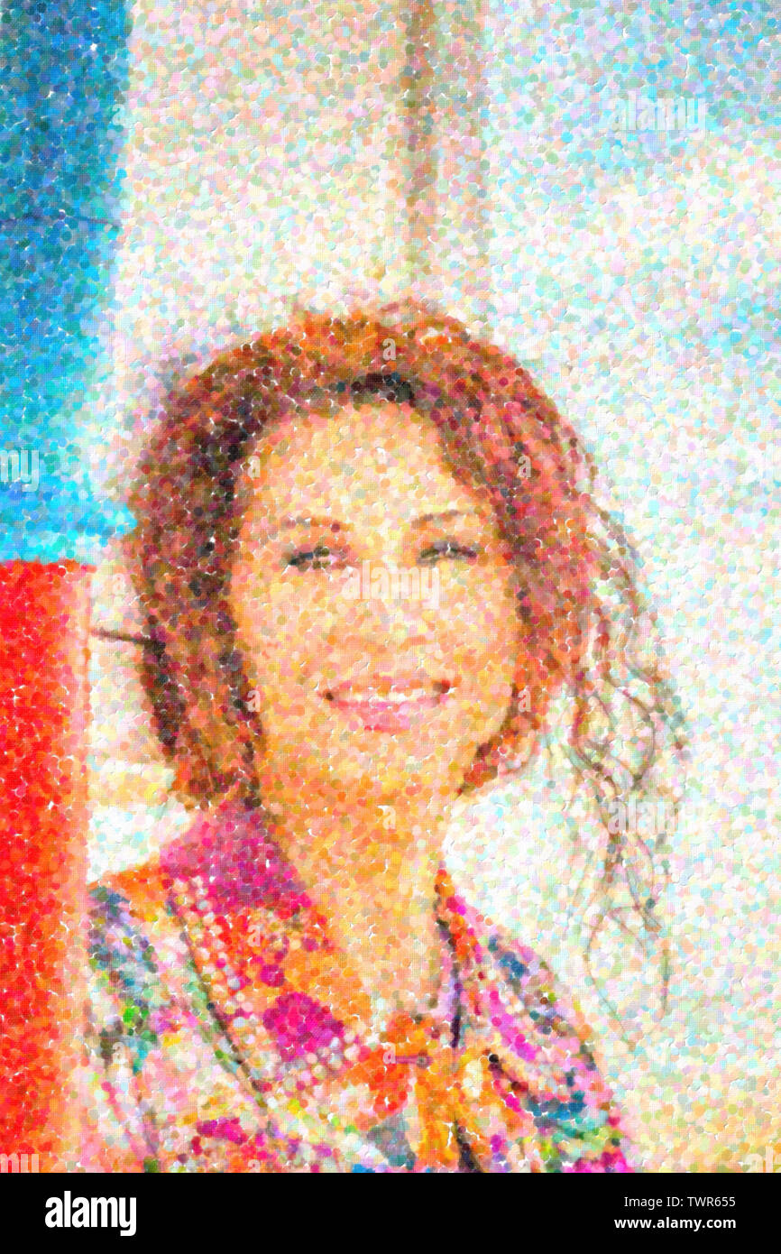 closeup of mature Mediterranean woman with gypsy red hair and tanned ...