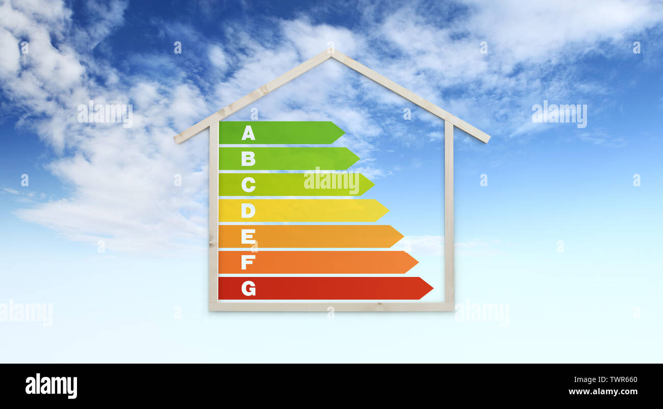 house shape and energy efficiency chart symbol, isolated on sky ...