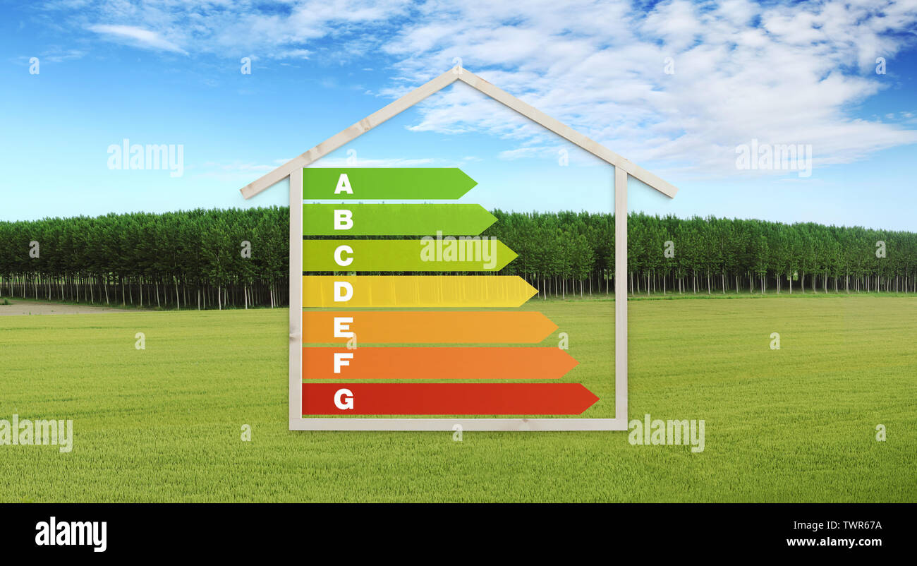 house shape and energy efficiency chart symbol, isolated on nature ...