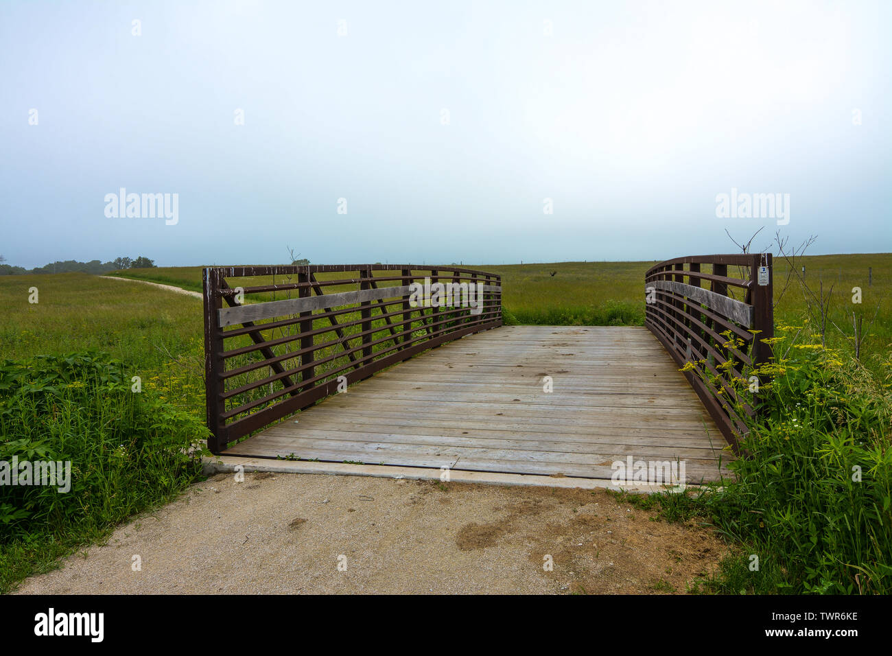 Trail through Midewin National Tallgrass Prairie as the morning fog ...