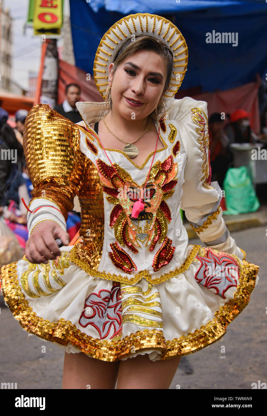 Costumed dancer at the colorful Gran Poder Festival, La Paz, Bolivia ...