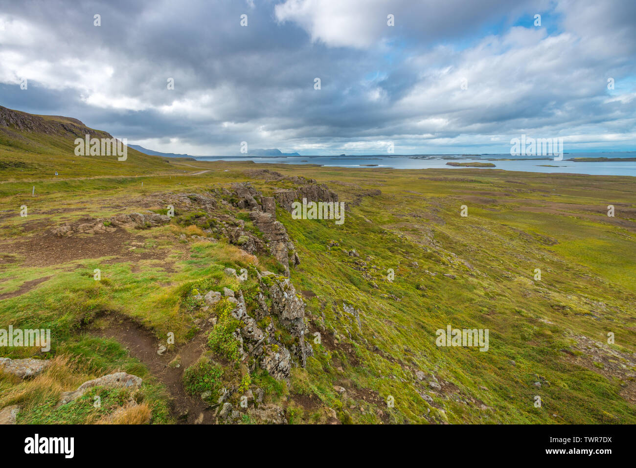Coastal overlook from cliffs looking at the Snaefell peninsula, sea ...