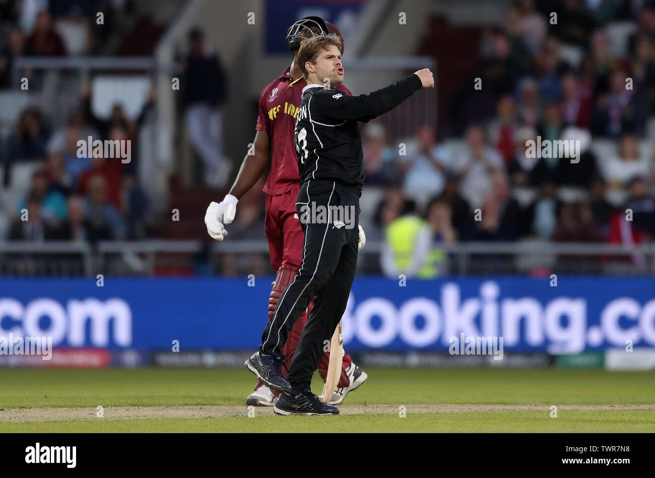 New Zealand's Lockie Ferguson celebrates taking the wicket of West ...