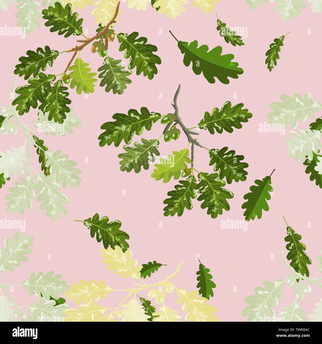 Oak branches with leaf and acorn seamless pattern on pink background ...