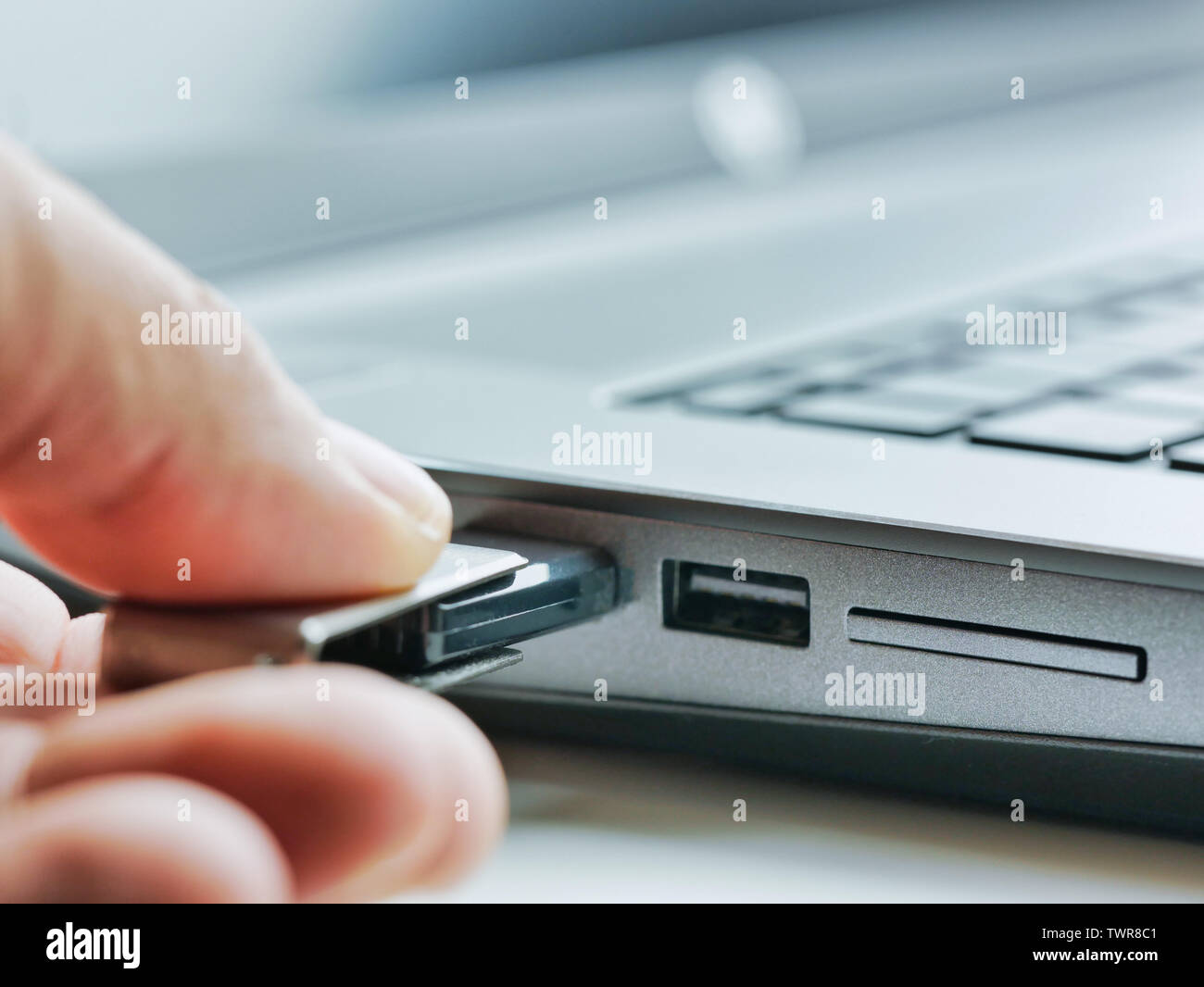 Closeup hand plugging in usb key or driver into laptop or notebook ...