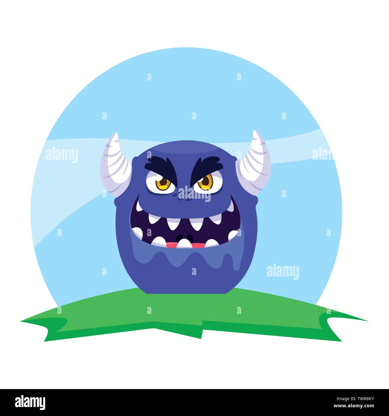funny monster with horns in the field vector illustration design Stock ...