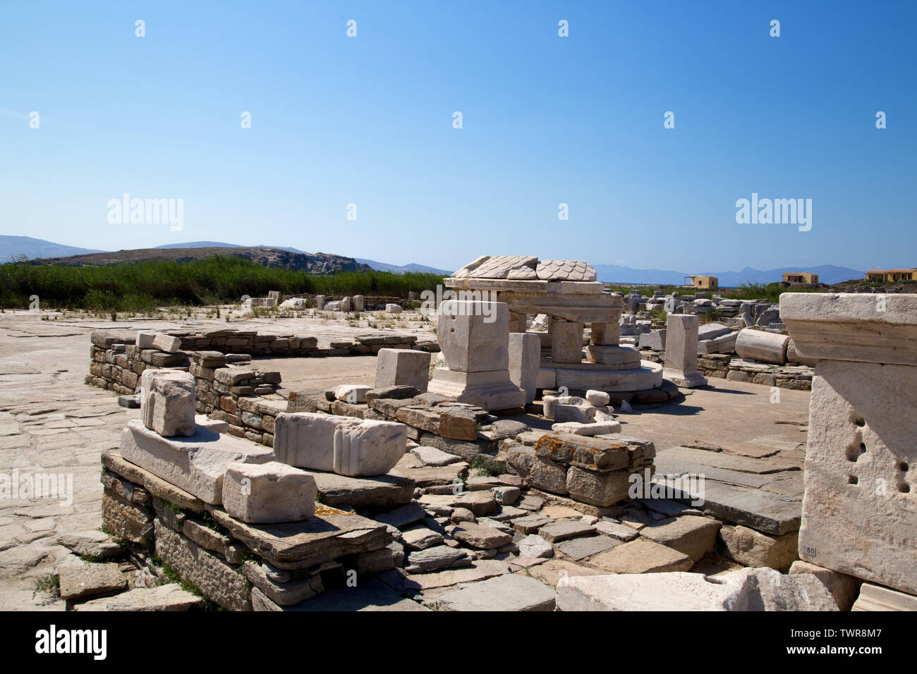 The island of Delos off the coast of Mykonos is a historical port and ...