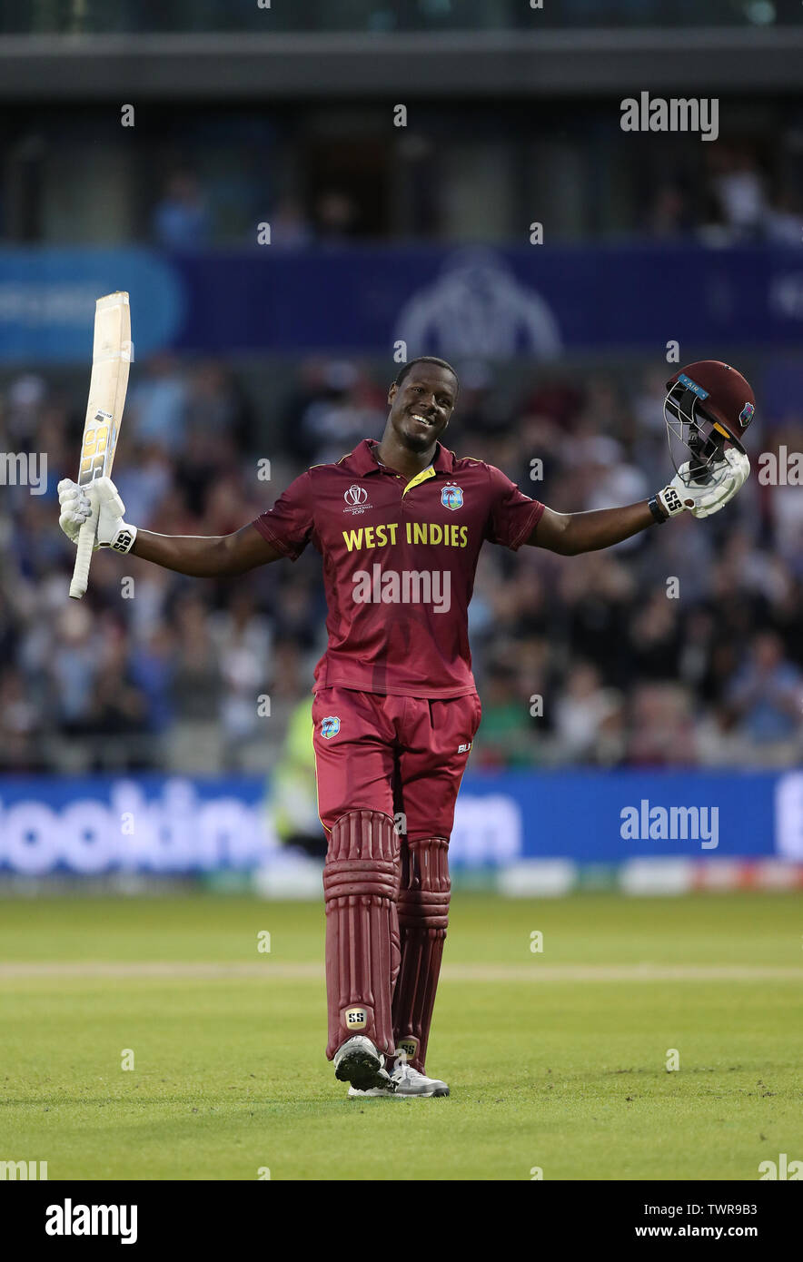 West Indies Carlos Brathwaite celebrates his 100 during the ICC Cricket ...