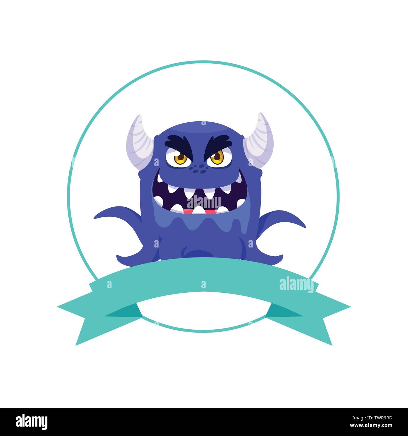 circular frame with monster and horns character vector illustration ...
