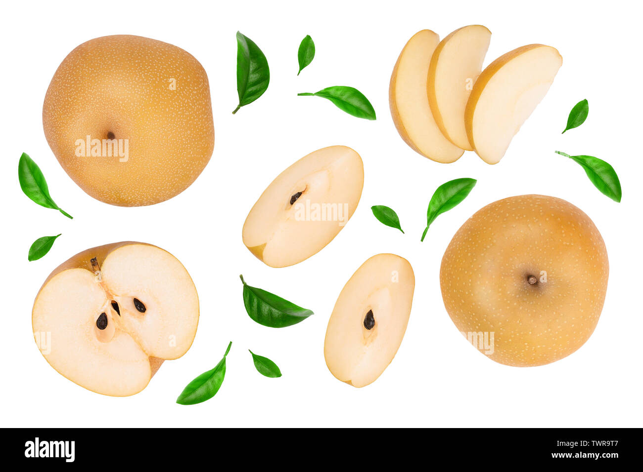 Fresh asian pear with leaves isolated on white background. Top view ...