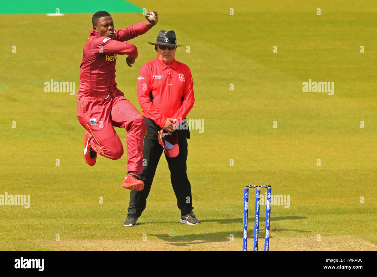 MANCHESTER, ENGLAND. 22 JUNE 2019: Sheldon Cottrell of West Indies ...