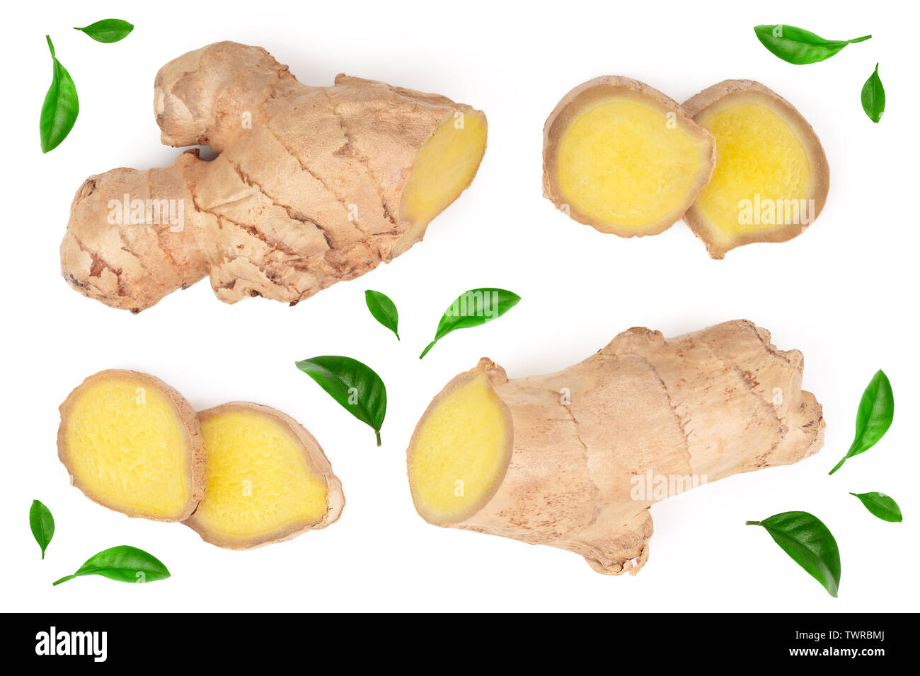 fresh Ginger root and slice isolated on white background. Top view ...
